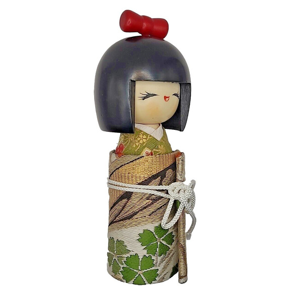 Unknown | Accents | Vintage Japanese Wooden Kokeshi Doll 5 Gold Fabric ...